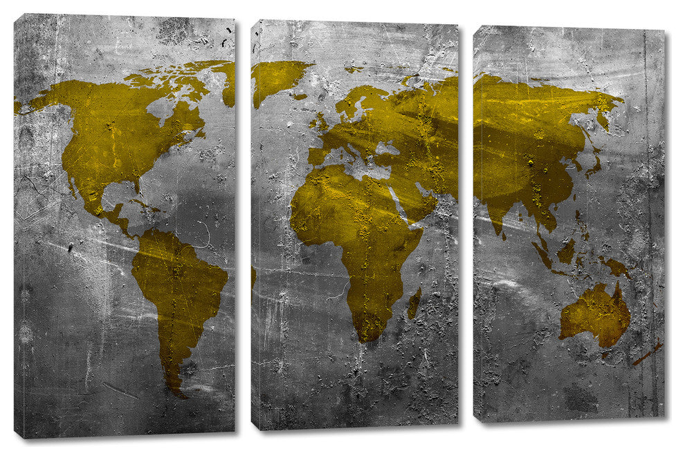 Abstract Metallic Gold World Map Canvas Print 3 Panel Split Triptych