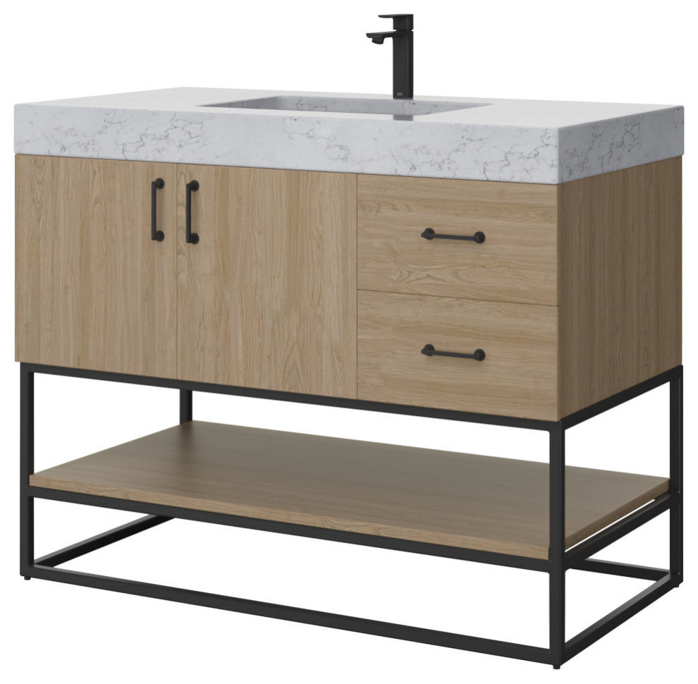 Bahia Bath Vanity, Oak, 42", Matte Black Hardware, Single, Freestandin