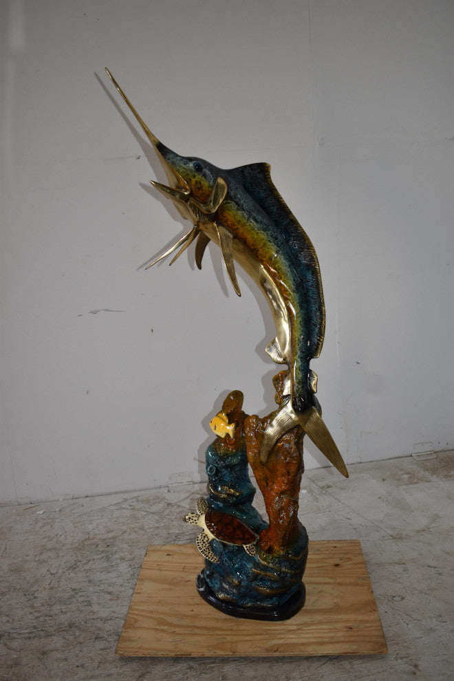 Marlin Fish and Turtle Swimming in the Ocean Bronze Statue Size 20" x