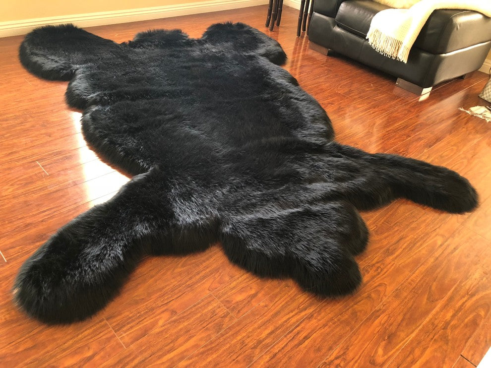 Super Soft Faux Bear Skin Silky Shag Rug, Black, 18"