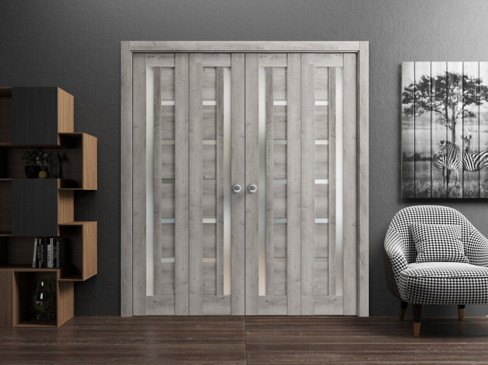 Sliding Double Bi-fold Doors | Quadro 4088 Nebraska Grey & Frosted Gla