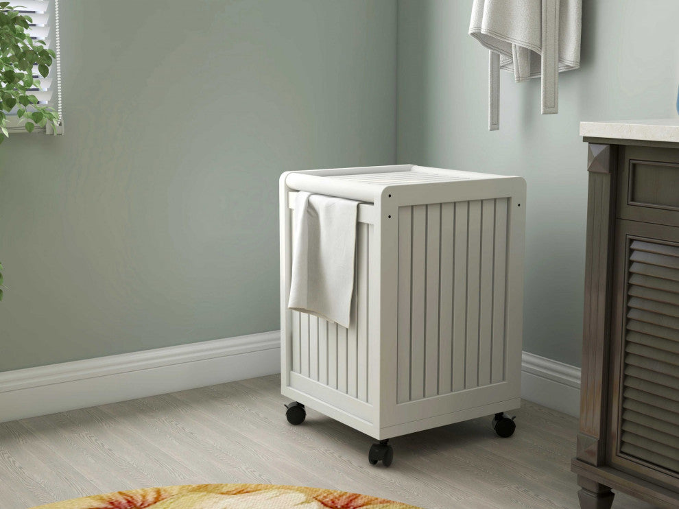HomeRoots White Solid Wood Rolling Laundry Hamper With Lid