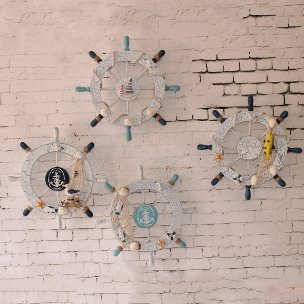 Nautical Beach Wooden Boat Ship Steering Wheel Fishing Net Shell Home