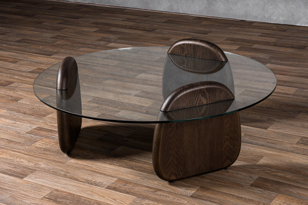 Modrest Buxton Mid-Century Modern Glass + Dark Walnut Coffee Table