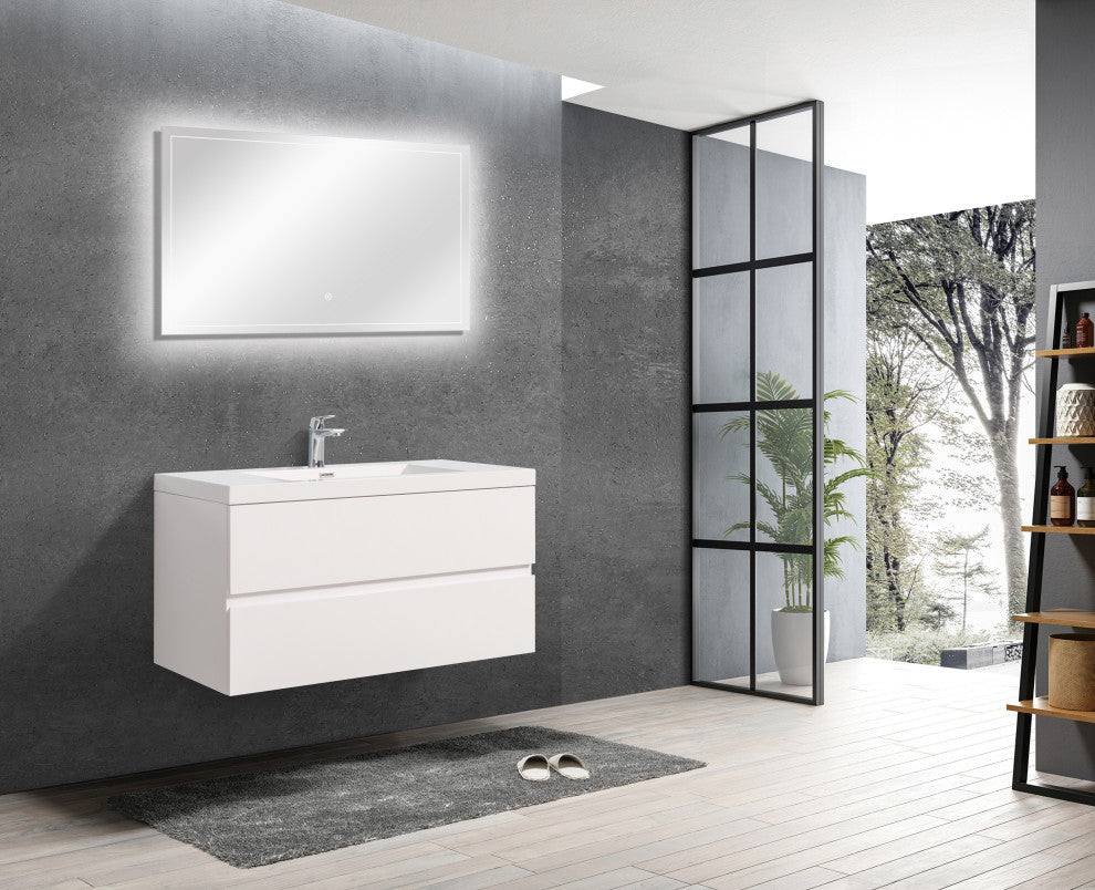 ALma-Angela Cement Grey Wall Mount Vanity With Sink, White, 42"