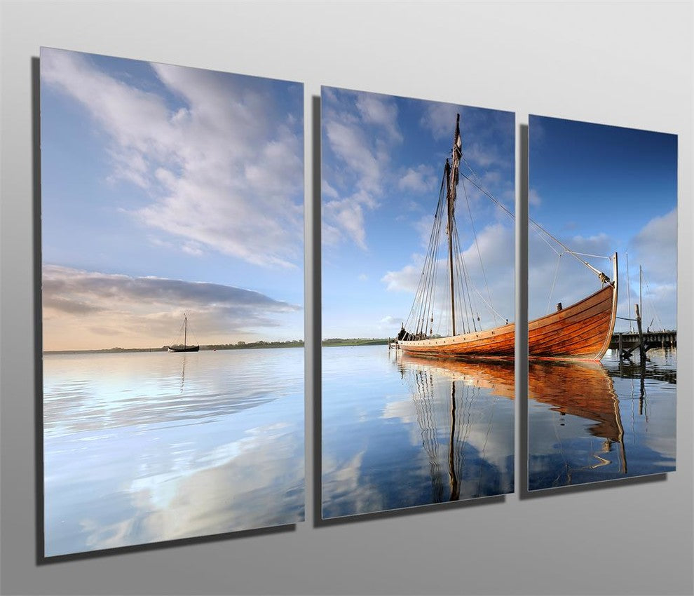 Boat On A Lake Metal Print Wall Art, 3 Panel Split, Triptych Wall Art,