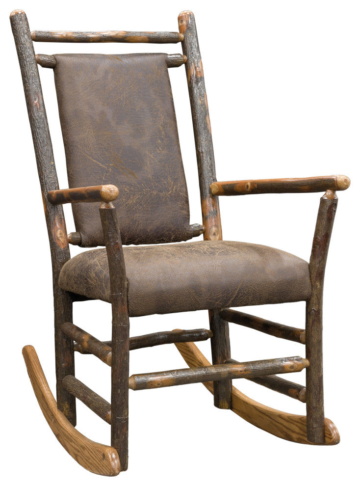 Hickory Log Rocking Chair with Faux Brown Leather Seat, Faux Brown Lea