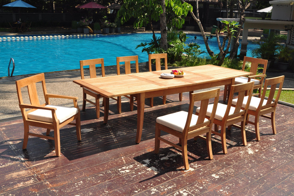 9-Piece Outdoor Teak Dining Set, 122" X-Large Rectangle Table, 8 Osbo
