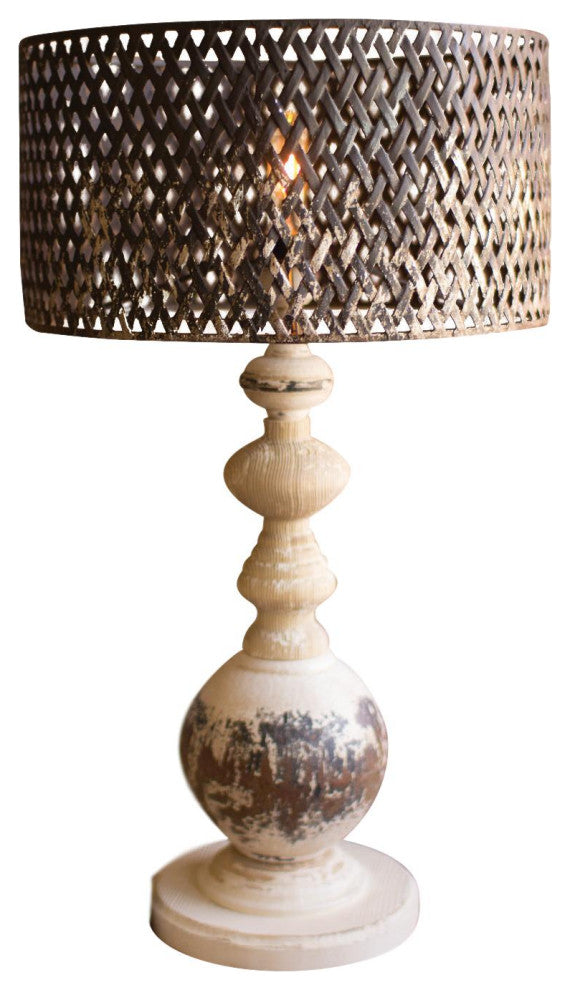 Rustic White Wash Turned Base Round Base Table Lamp Woven Metal Shade
