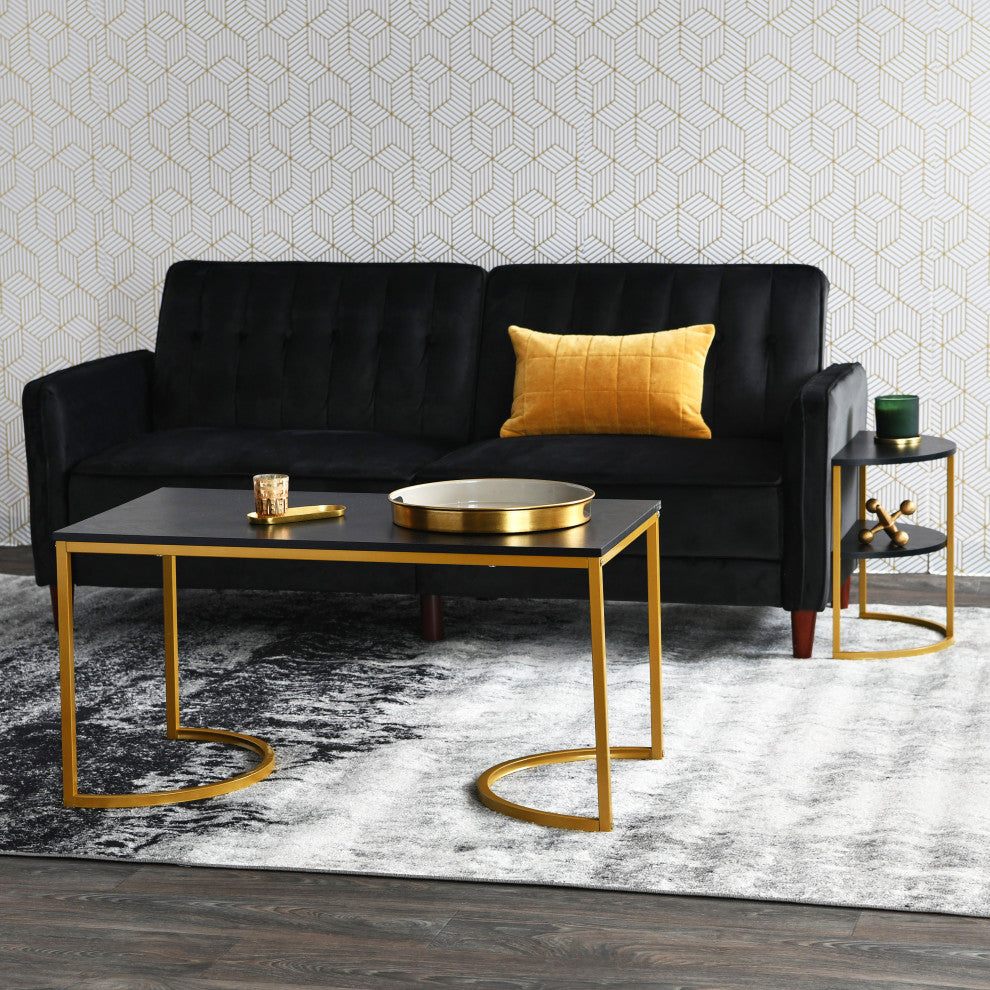 Half Moon Rectangular Coffee Table Black Oak Wood Grain and Gold Metal