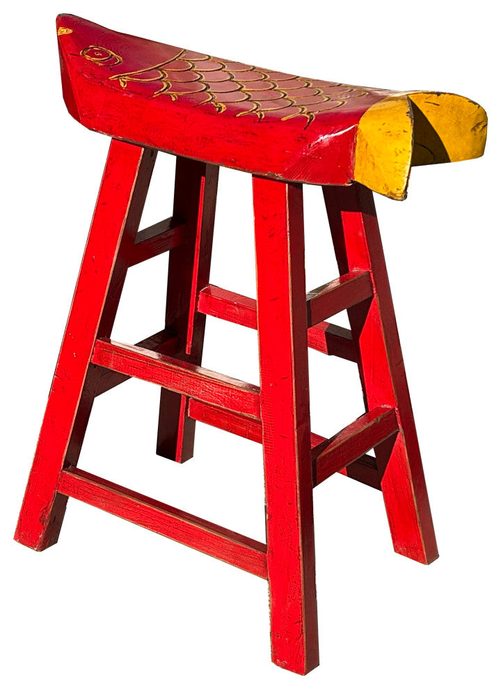 Sharp Red Yellow Fish Shape Seat Top Wood Tall Bench Stool