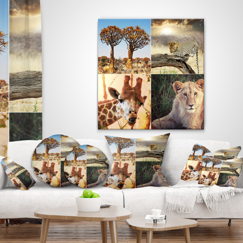 African Safari Wildlife Collage African Landscape Printed Throw Pillow