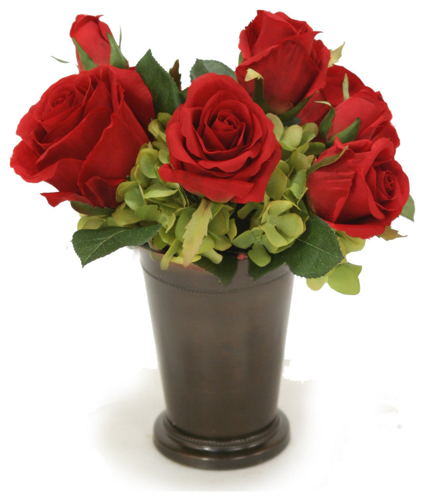 Red Roses and Green Hydrangeas in Bronze Mint Julep Cup