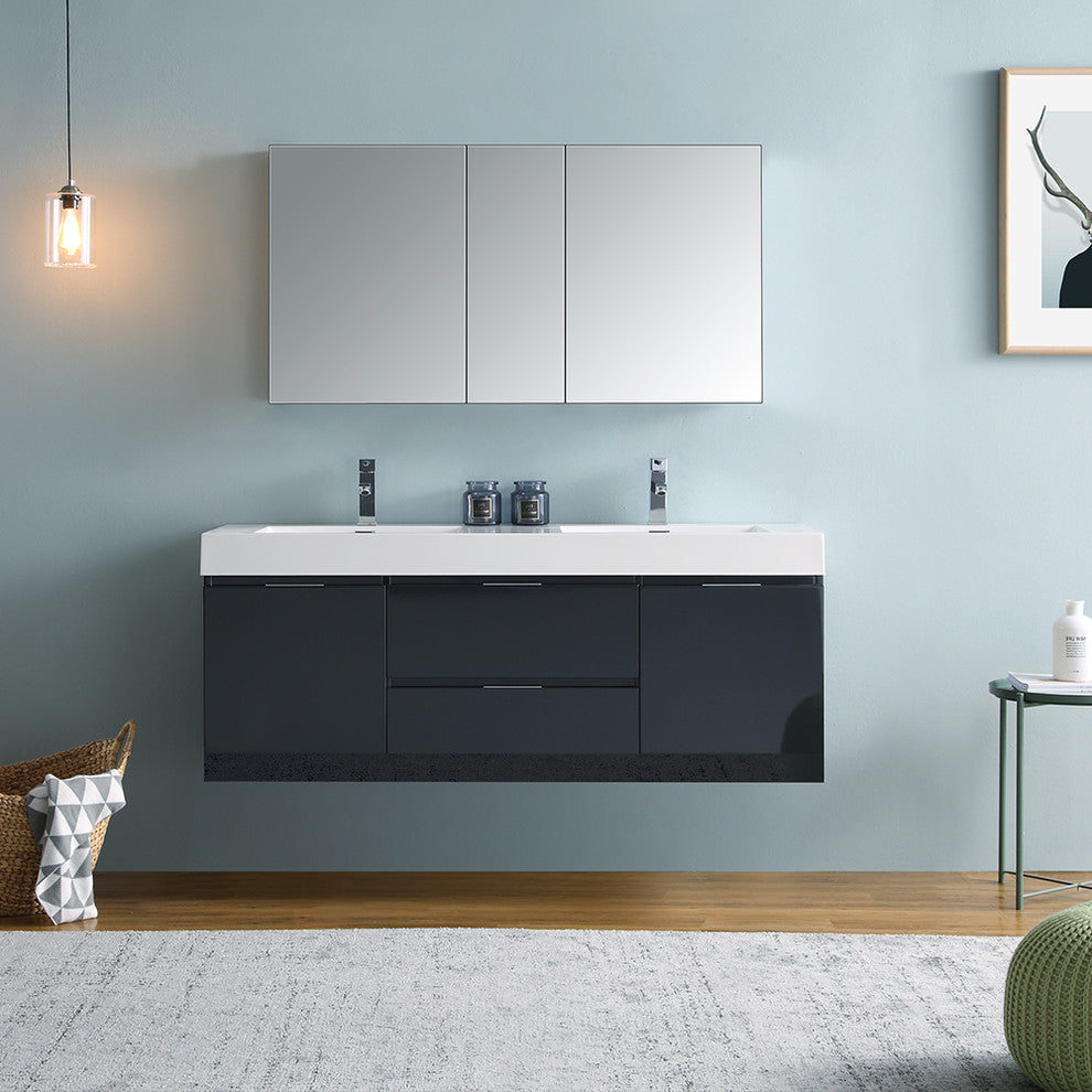 Valencia 60" Dark Slate Gray Wall Hung Double Sink Vanity, Faucet FFT9
