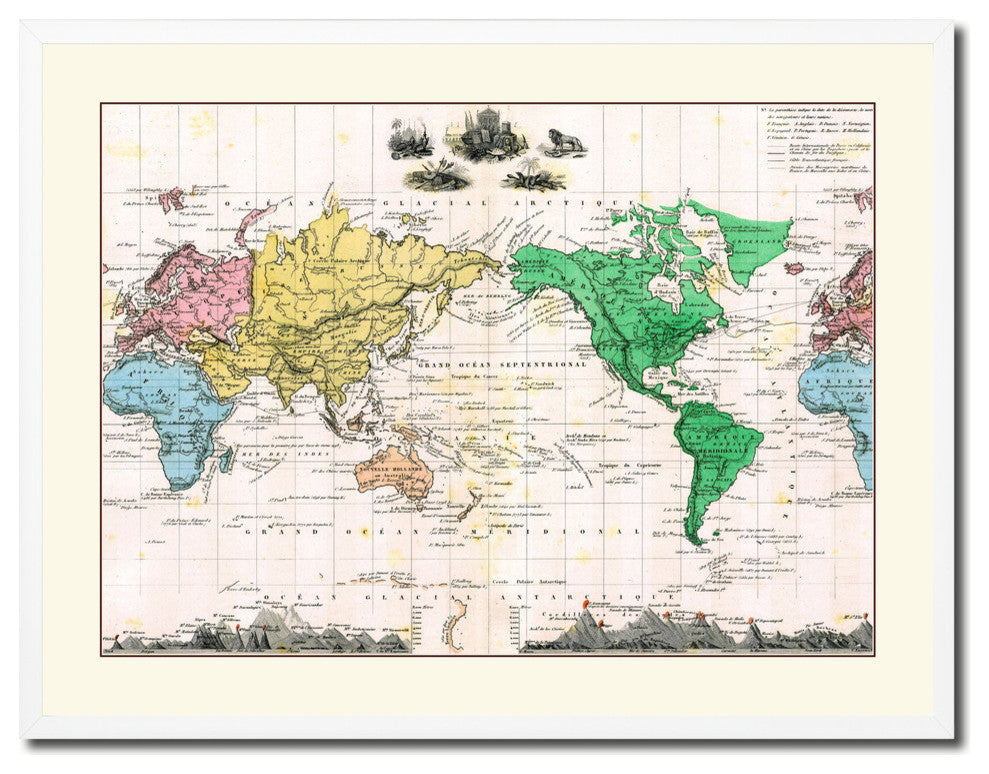 World Vintage Old Map Print On Canvas With Picture Frame 28" X 37"