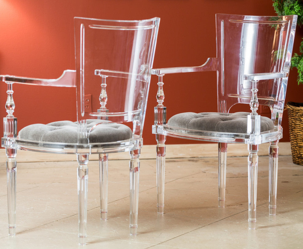 Luxe Clear Acrylic Arm Chair | Dining Soft Gray Tufted Mohair Velvet S