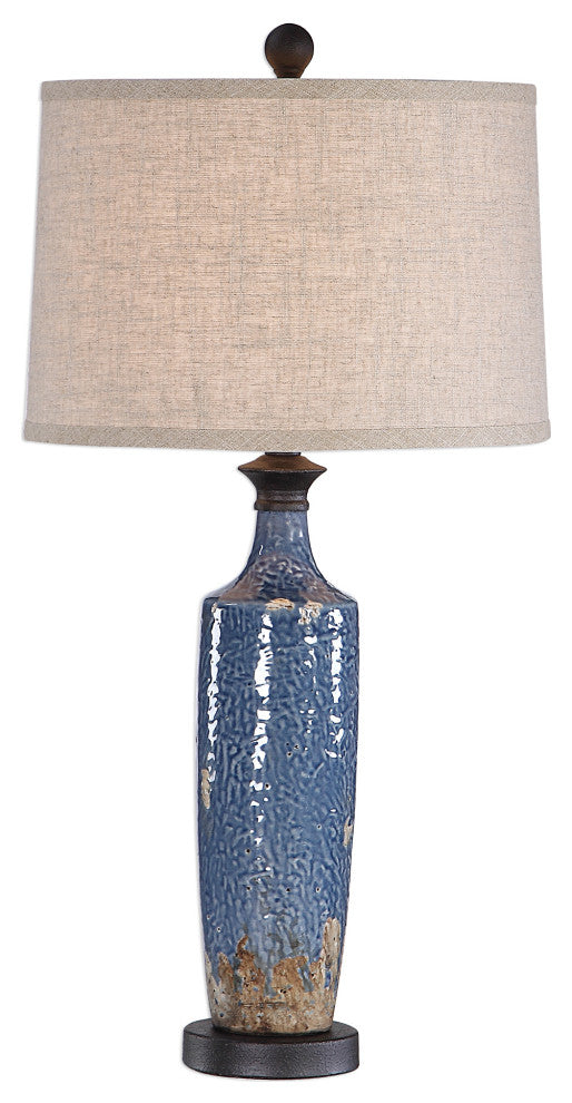 Blue, Textured Ceramic Base With Heavy Dark Khaki Table Lamp