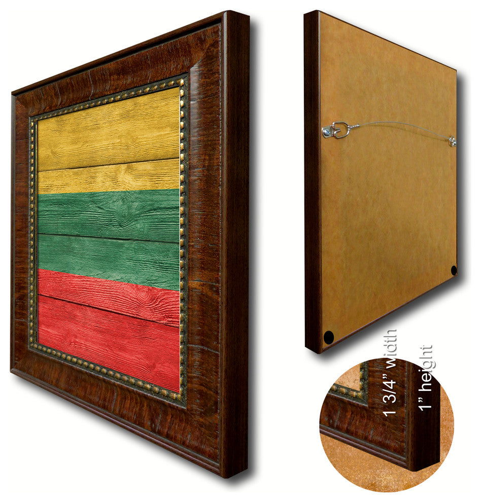 Lithuania Country Textured Flag Print With Brown Gold Frame, 23"X33"