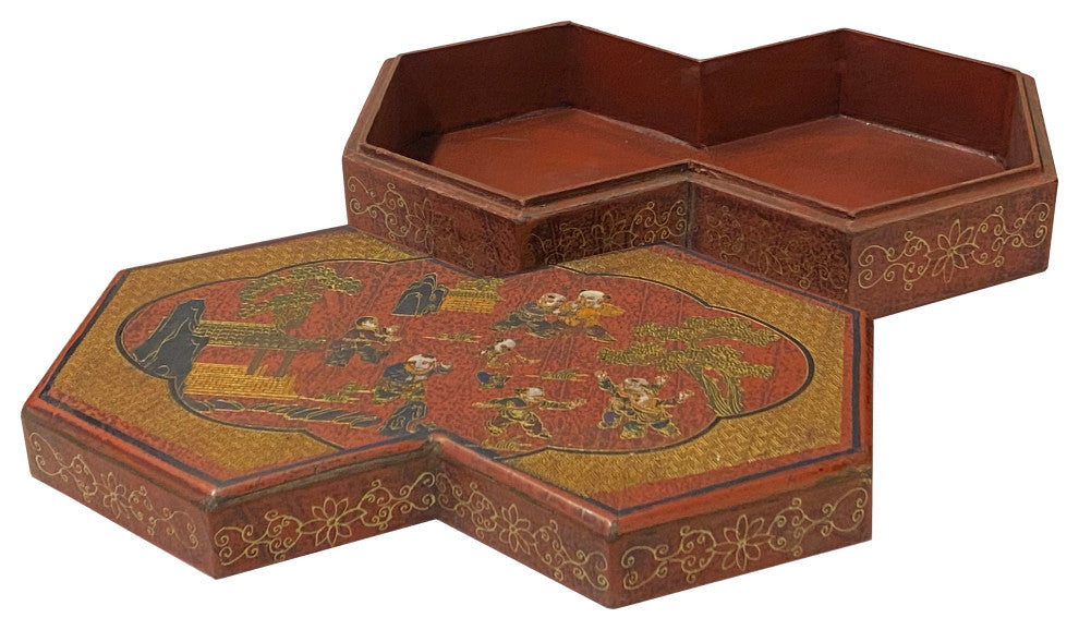 Chinese Distressed Brown People Graphic Rectangular Decagon Shape Box