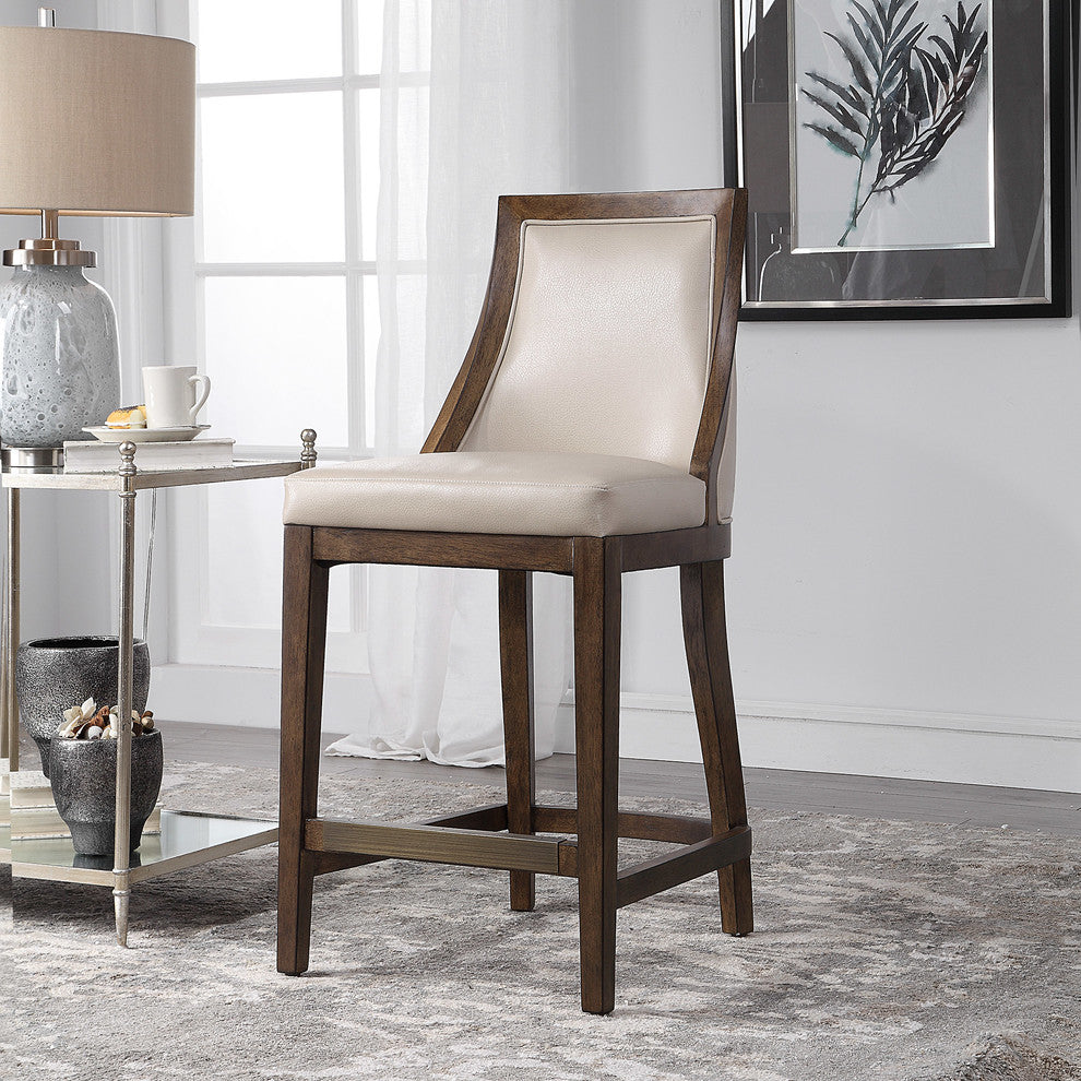 Elegant Classic Faux Leather Cream Bar Stool | Counter Curved Wood Vin