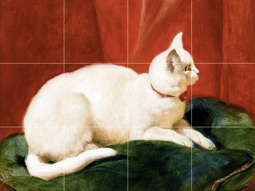 Tile Mural, A White Cat Backsplash Marble Matte