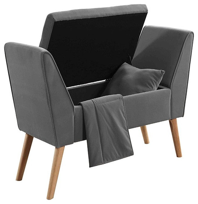 Grey Modern Flair Storage Bench With Throw Pillow and Blanket