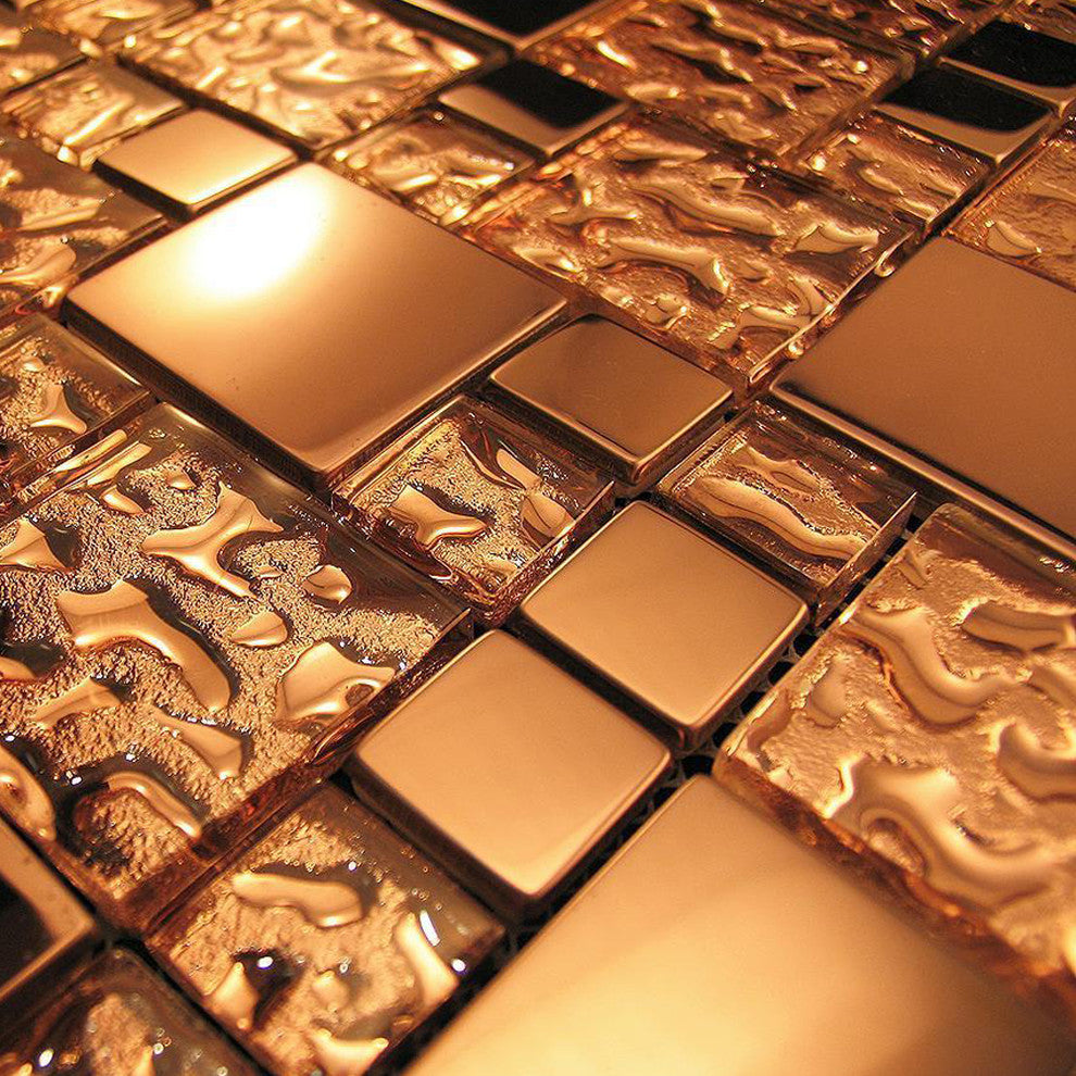 Copper Metal Pattern Textured Glass Mosaic Tile Backsplash, 12"x12", S
