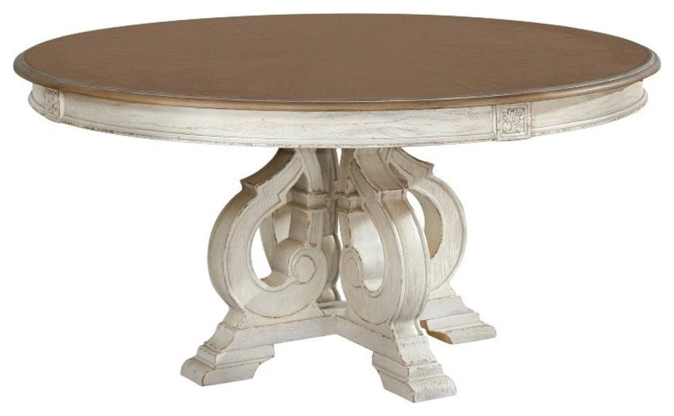 Bowery Hill Rustic Wood Round Dining Table in Antique White Finish