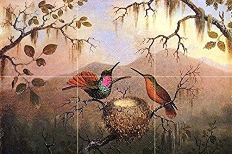 Tile Mural Kitchen Backsplash Two Hummingbirds at a Nest, Marble