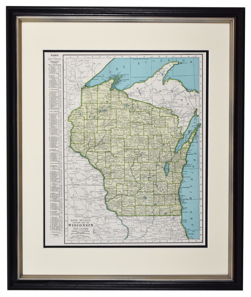 Original Vintage Wisconsin Map, Framed, 1940s Authentic Map