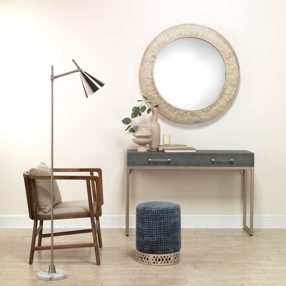 Elegant Faux Shagreen Console Table 2 Drawers Gray Champagne Brass Vin