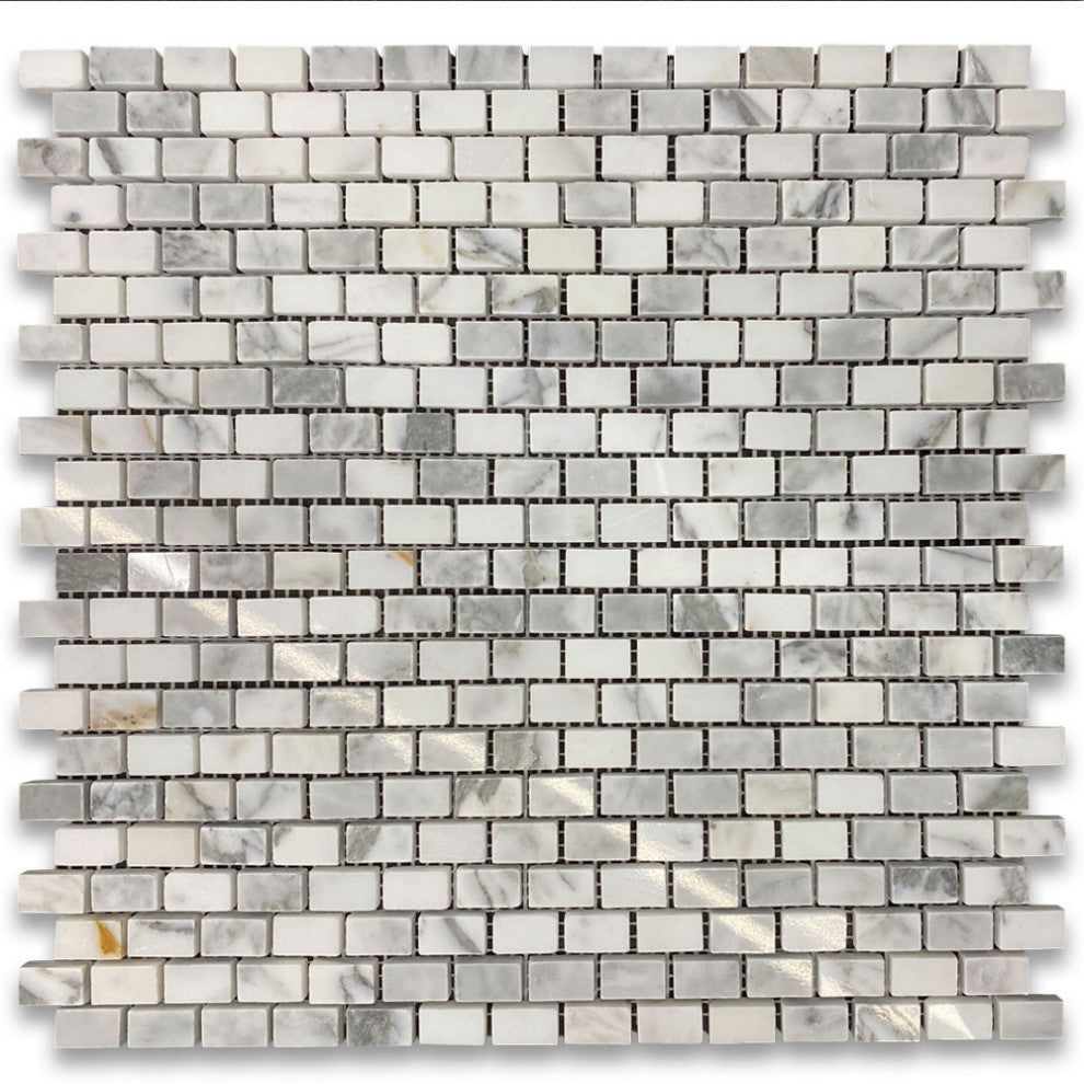 Mini Brick Offset Statuary White Marble Subway Mosaic Tile Polished, 1