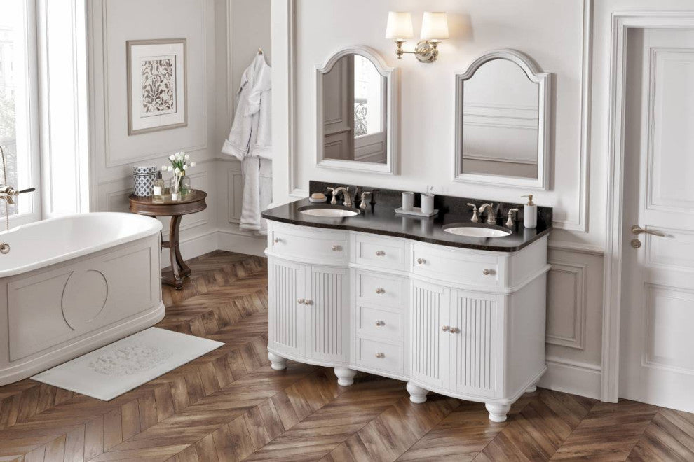Compton Traditional White 60" Double Oval Sink Vanity With Black Grani