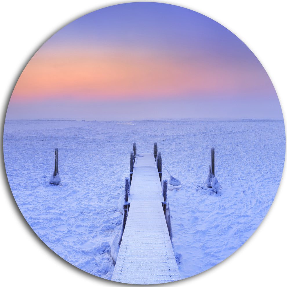 Jetty In Frozen Lake Netherlands, Wooden Sea Bridge Disc Artwork, 23"
