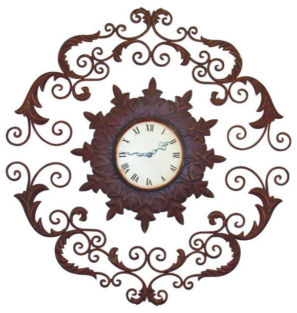 Scroll Medallion Wrought Iron Wall Clock Open Metal Brown Ornate Float