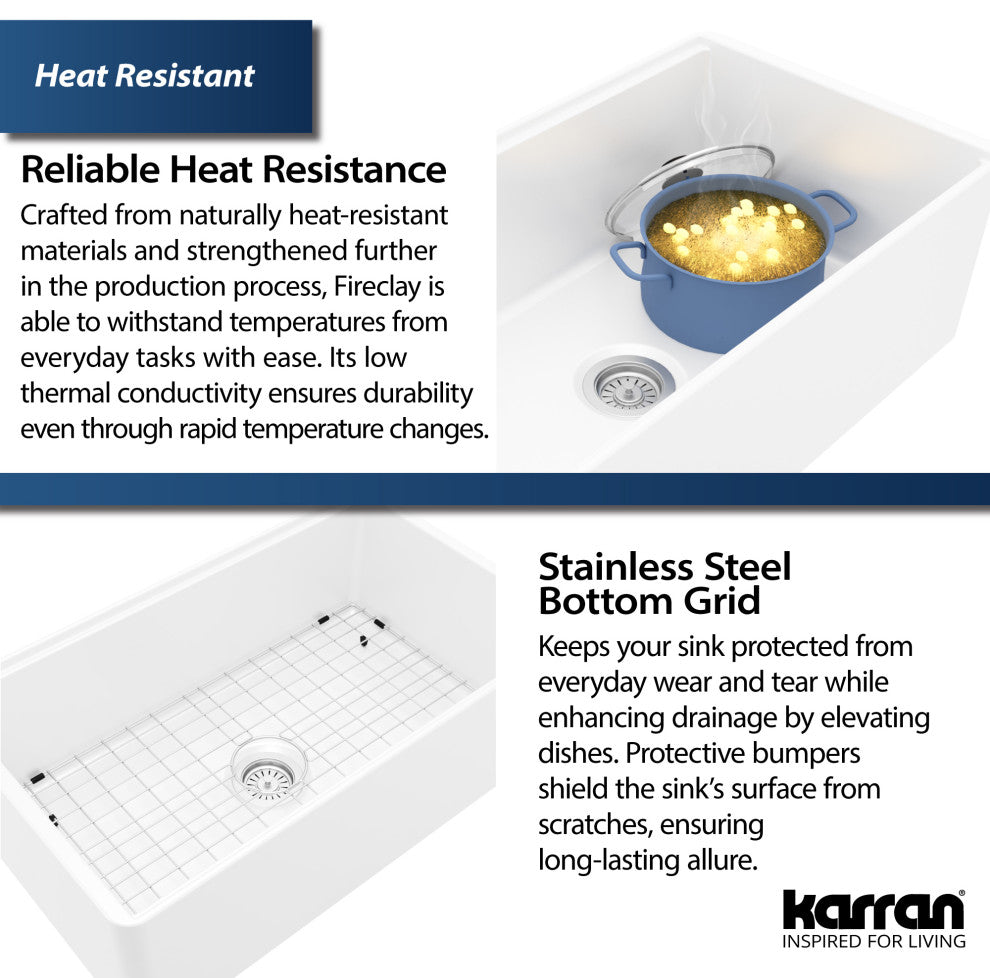 Karran 30 in. Single Bowl Workstation Fireclay Sink with Reversible Ap