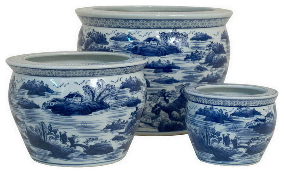 Plutus Brands Planters Set Of Three, Blue Porcelain