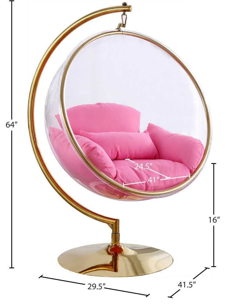 Luna Metal Acrylic Swing Bubble Accent Chair With Stand, Pink, Gold Ba