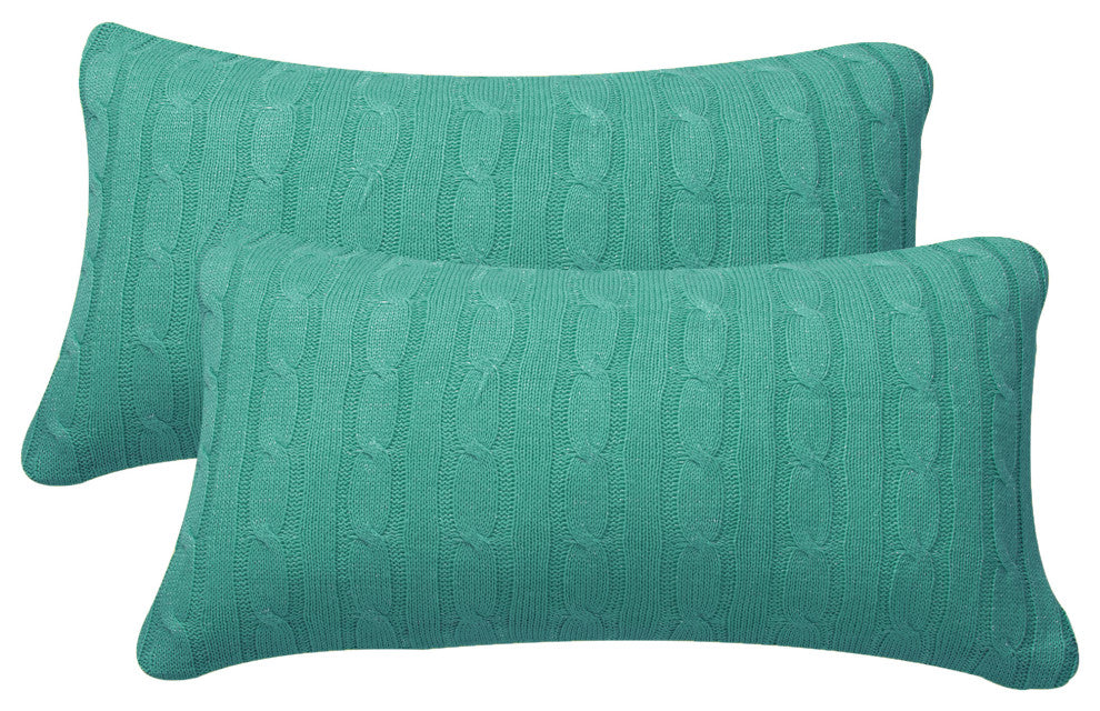 Cable Knit 2 Piece Lumbar Pillow Shell Set, Blue Turquoise, 2 Piece, 1