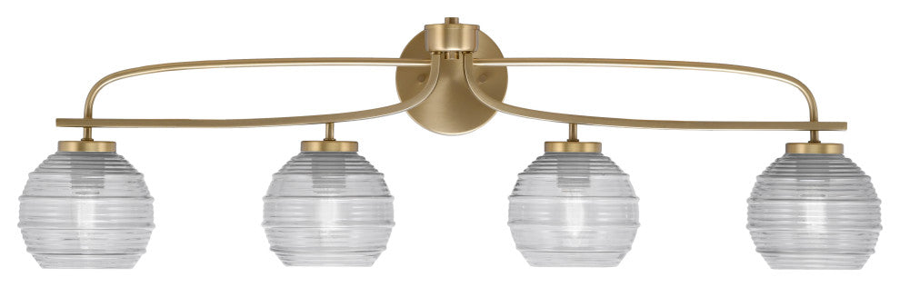 Cavella 4 Light Bath Bar, New Age Brass Finish, 6" Clear Ribbed Glass