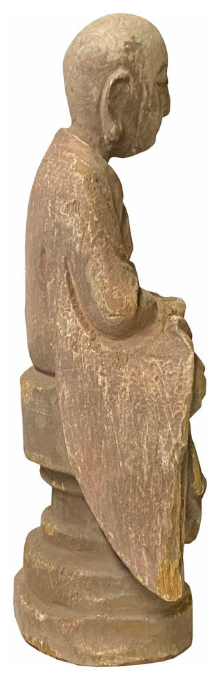 Chinese Rustic Distressed Finish Wood Lohon Monk Statue Hws2814