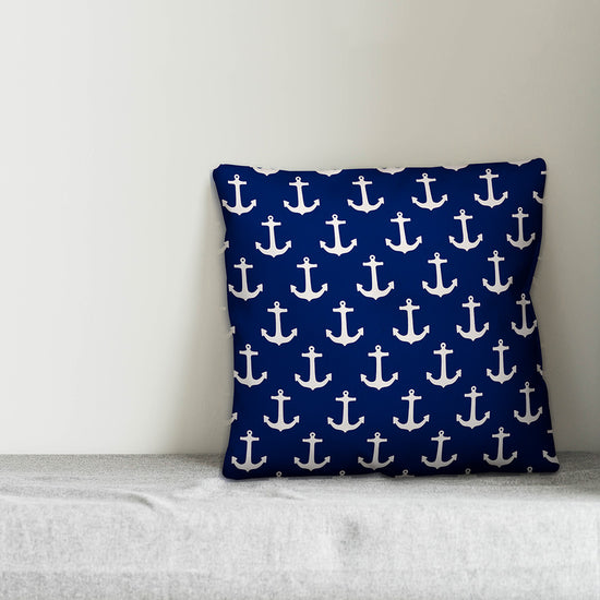 Blue and White Anchor Pattern Outdoor Throw Pillow, 18x18