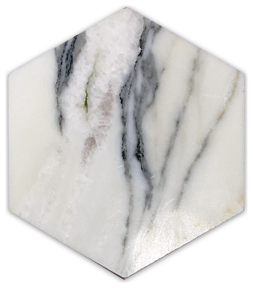 6" Hexagon Statuary Statuario White Italian Marble Tile Polished, 100