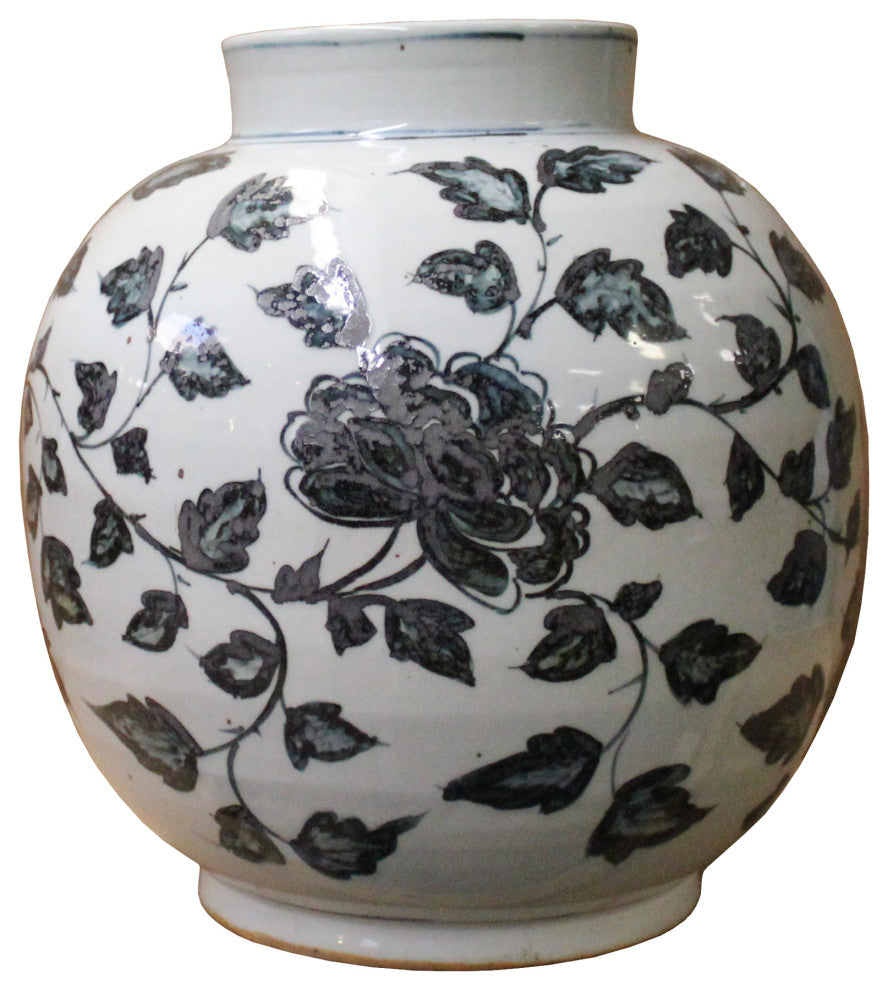 Chinese Gray Blue Off White Flowers Graphic Fat Round Ceramic Vase Hws