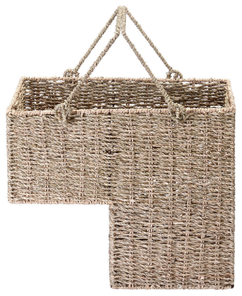 14" Wicker Staircase Basket With Handles Handmade L-Shaped Woven Seagr