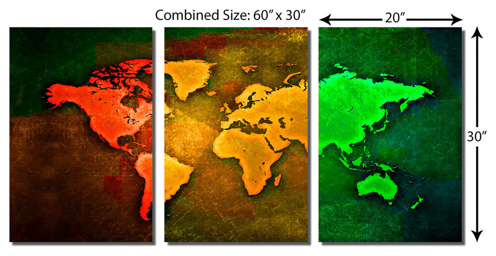 Pop Art World Map, Metal Print Wall Art, 3 Panel Split, Triptych Wall