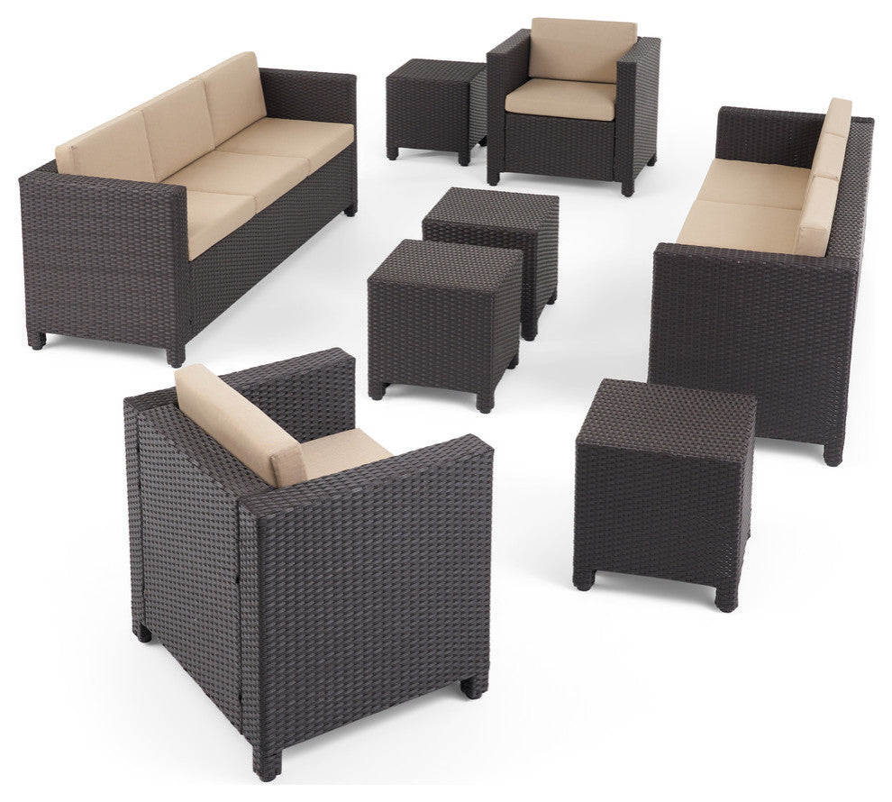 Emily Outdoor 8 Seater Wicker Chat Set With Side Tables, Beige