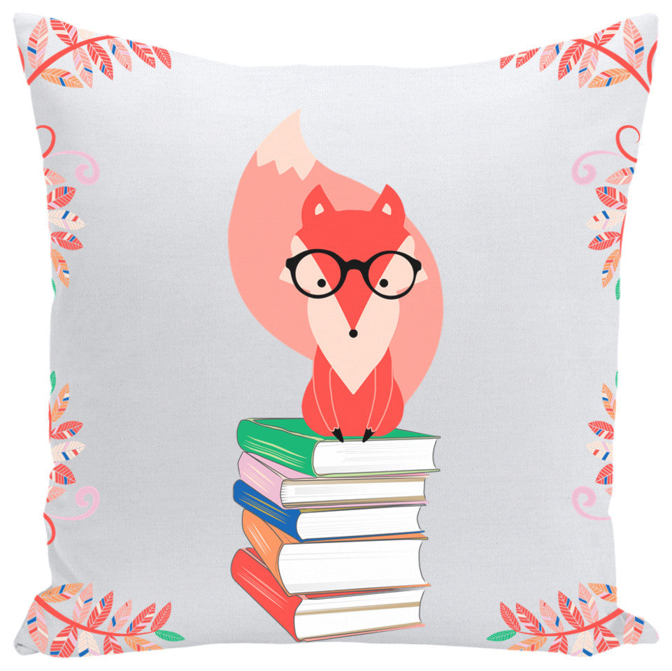 Fox and Books Throw Pillow, 14x14, With Insert