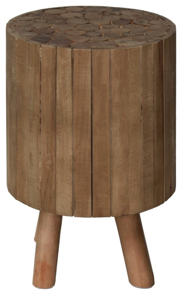 Wooden Drum End Table with Bundled Wood Top, Natural Wood Brown