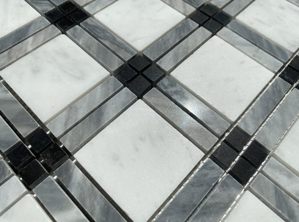 Carrara White Gray Black Marble Plaid Tartan Gingham Tile Polished 1